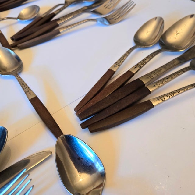 Mid Century Wood Handled Flatware - Set of 62 | Chairish