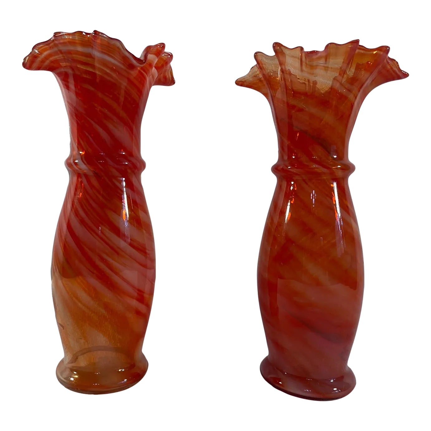 Mid 20th Century Handblown Ruffle Art Glass Vases - a Pair | Chairish