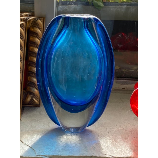 Vintage Mid Century Blue Art Glass Vase | Chairish