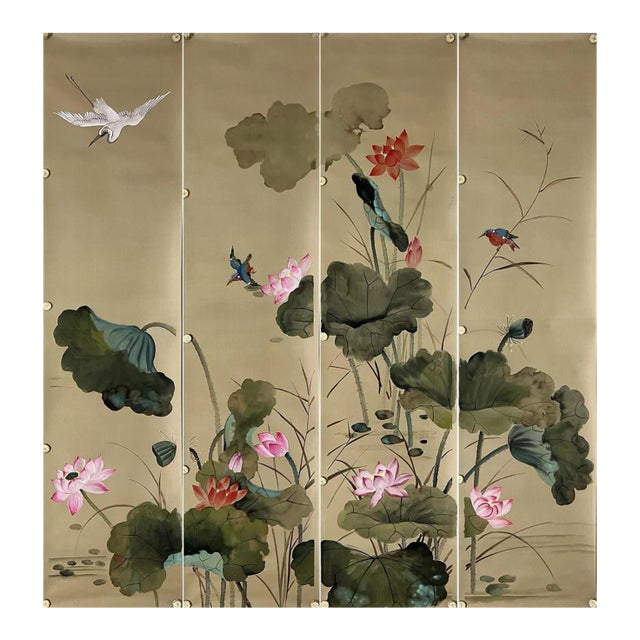 Lotus Hand Painted Wallpaper on Silk Panel - 4 Panels | Chairish