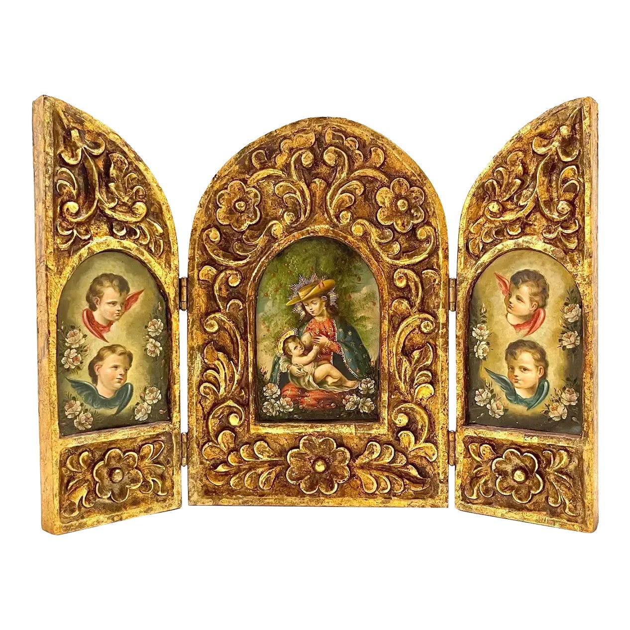 19th C. Spanish Colonial Carved Giltwood Triptych of Virgin Mary ...