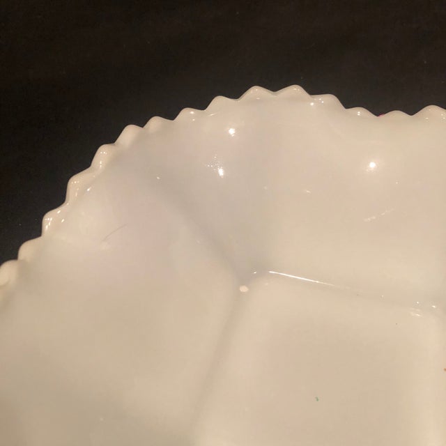 Mid-Century Milk Glass Ruffled Rim Diamond Pattern Dish | Chairish