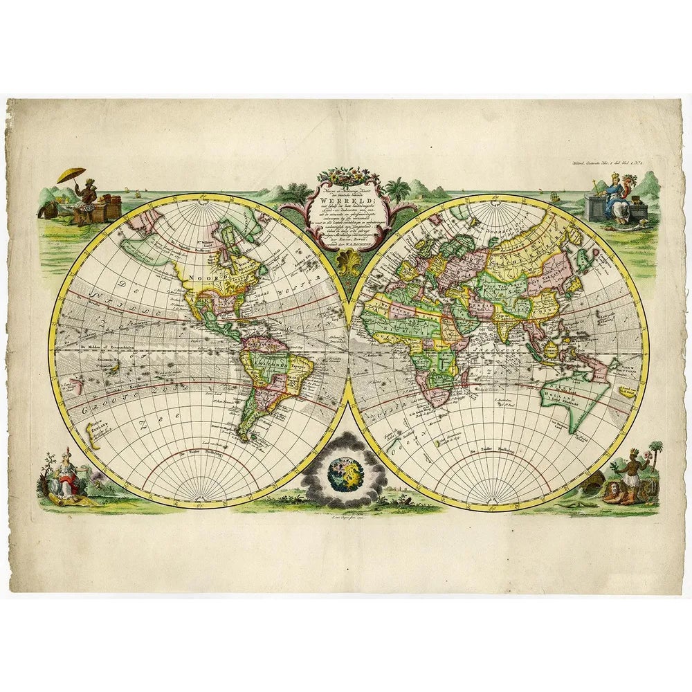 Original Double Hemisphere World Map with Allegorical Figures, 1785 ...