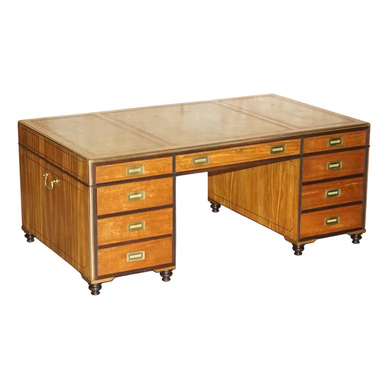 Large Double Sided Military Campaign Twin Pedestal Desk | Chairish