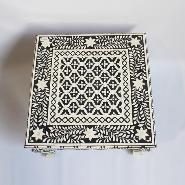 Black & White Floral Leaf Pattern Side Table | Chairish