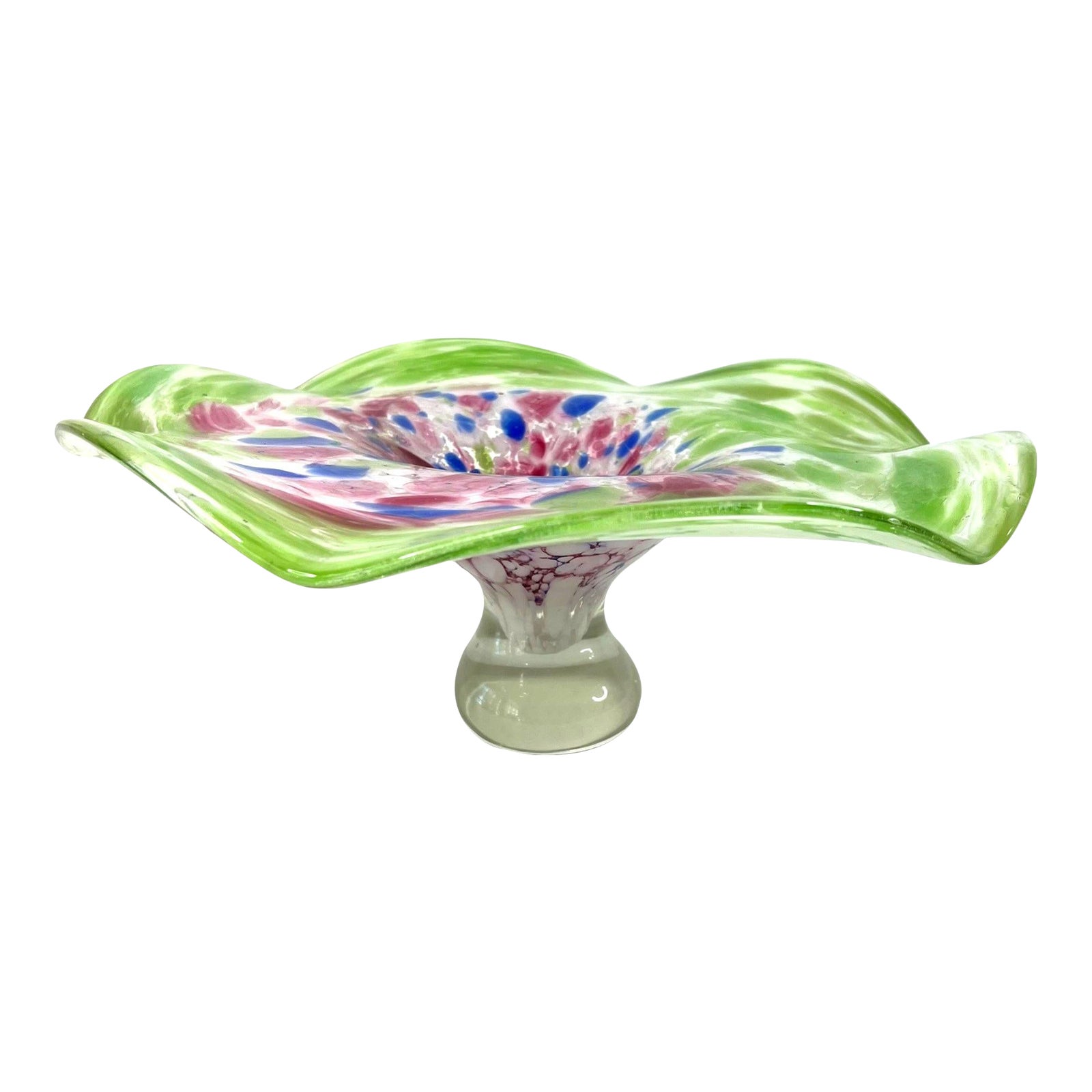 1990s Murano Flared Glass Bowl Decorative Art Green Blue Pink Ruffled ...