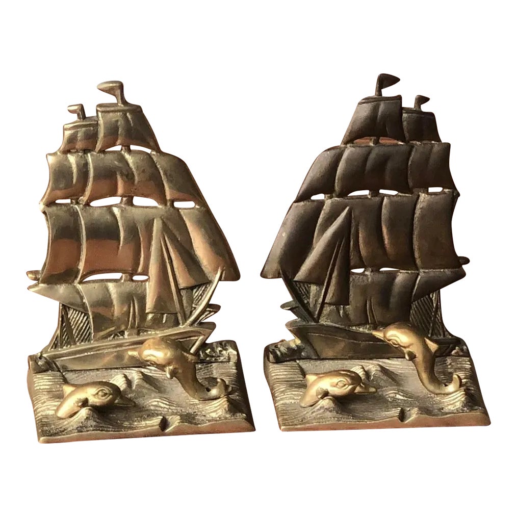 Vintage Sailing Ship Bookends in Brass-A Pair | Chairish