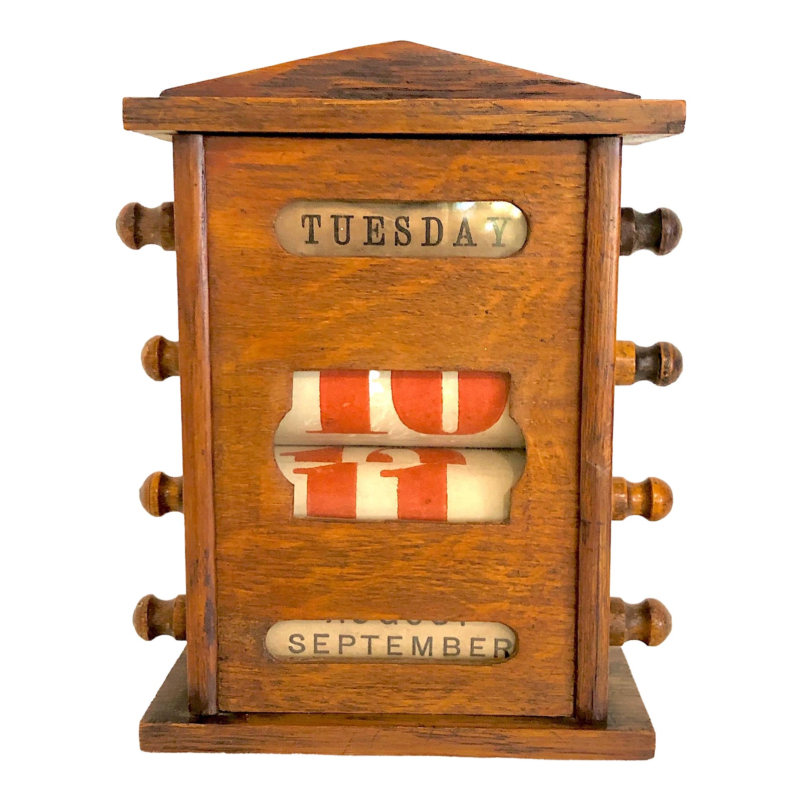 Antique Wooden Scrolling Desk Calendar Keeps Time Perpetually | Chairish