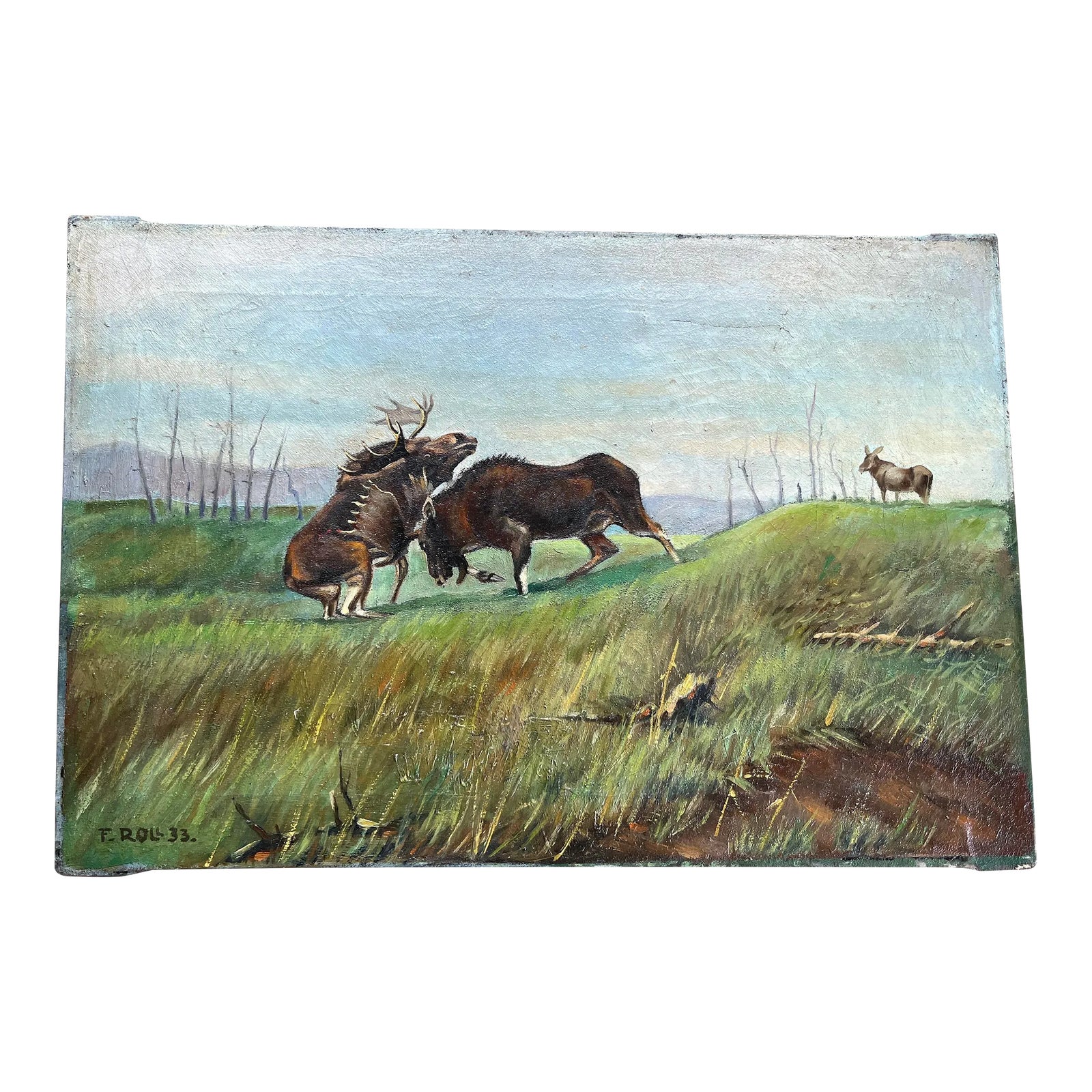 1930s Primitive Folk Art Moose Fighting Wildlife Oil Painting | Chairish
