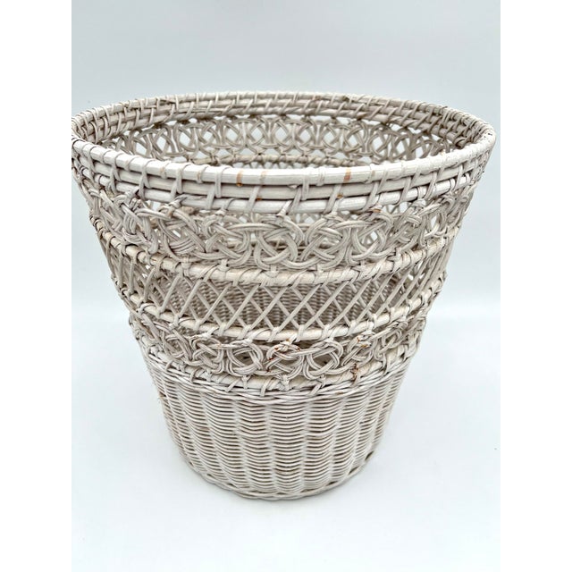 1970s White Wicker Trash Can Waste Basket | Chairish