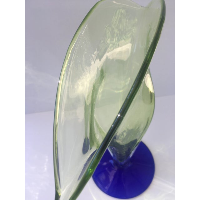 Unique Blenko Glass Co Art Deco Fan Green & Colbalt Blue Vase | Chairish