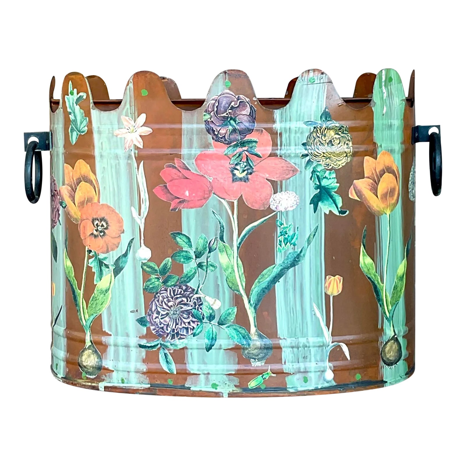 Late 20th Century Vintage Boho Hand Painted Metal Cache Pot | Chairish