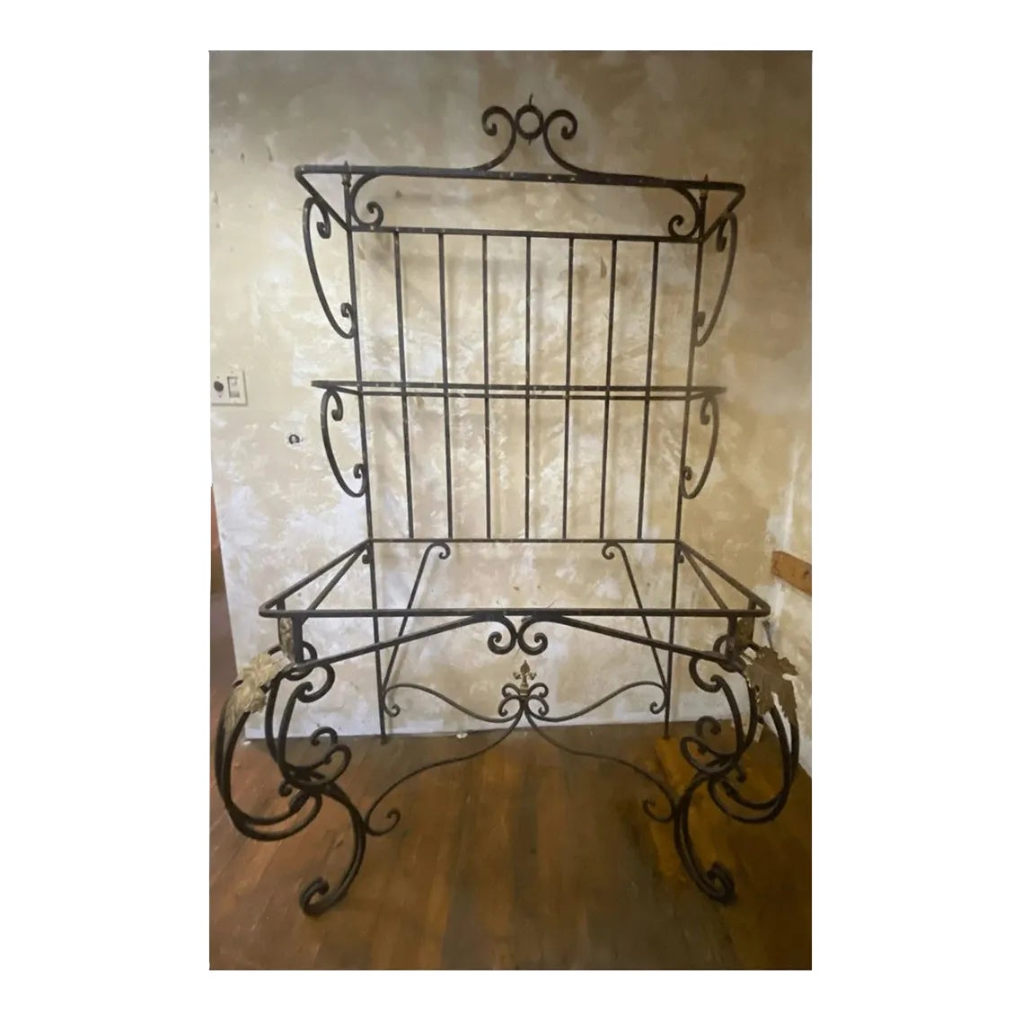 1950s Vintage Ornate Baker Rack Shelf Wrought Iron Fleur-De-Lis | Chairish