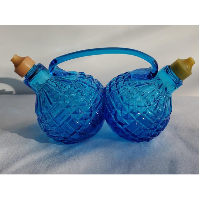 Mid-Century Blue Glass Double Cruet | Chairish