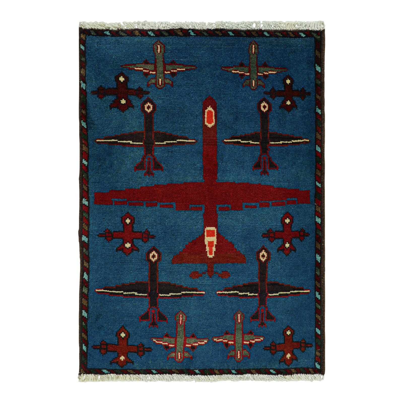 Rug & Kilim’s Modern Tribal Rug in Blue With Airplane Pictorials | Chairish