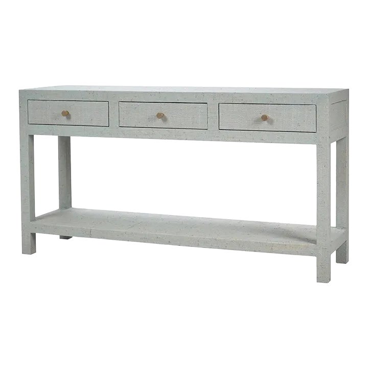 Pale Blue Washed Raffia Console Table | Chairish