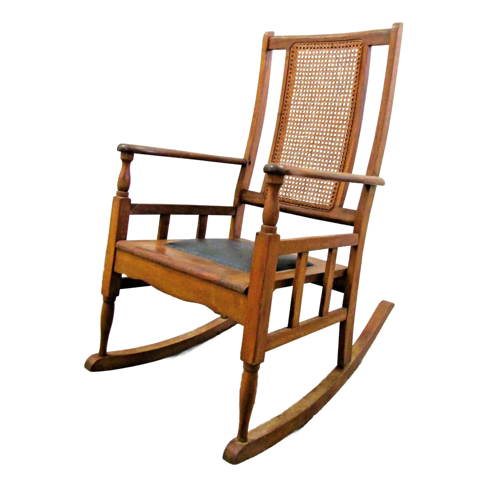1920s Antique Mission Style Oak Cane Back Black Leather Seat Rocking ...