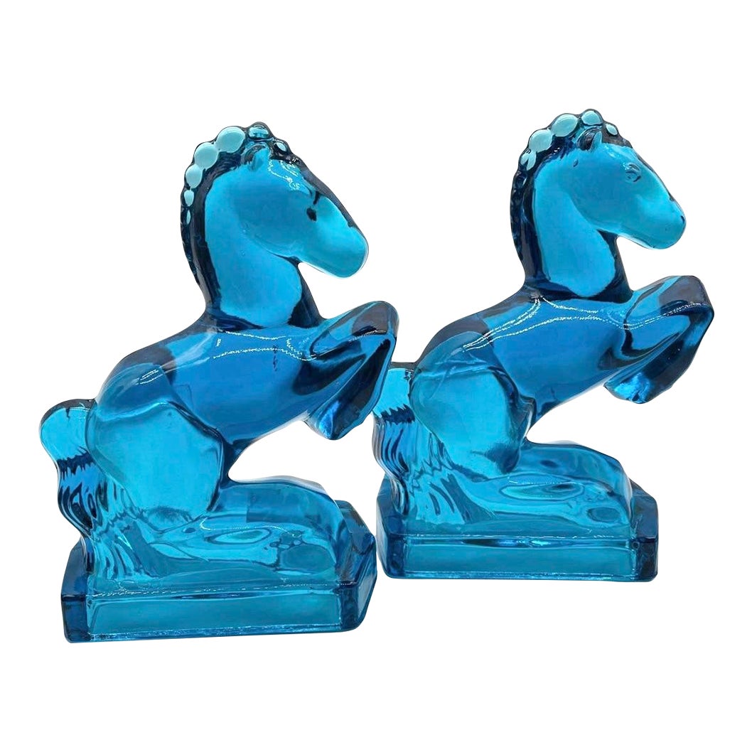 Pair of l.e. Smith Blue Glass Horse Bookends | Chairish