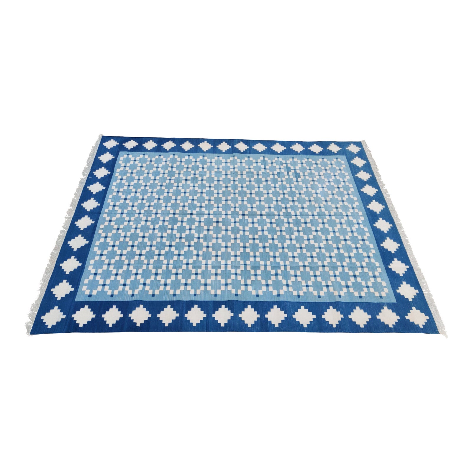 Cotton Handmade Vegetable Dyed Blue and White Star Rug - 8x10 | Chairish