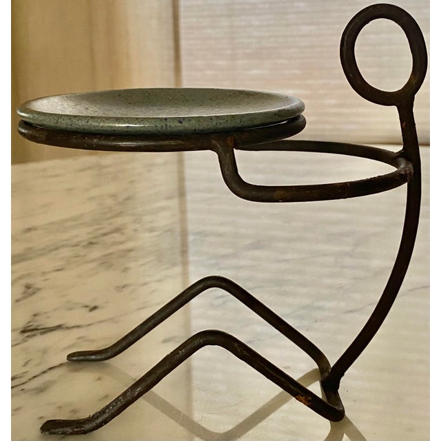 Iron Human Form Figure Sculpture + Pottery Dish | Chairish