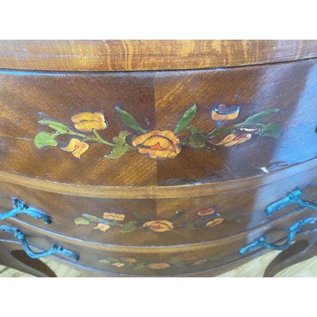 Mid 20th Century Rose Motif Inlaid Marble-Topped French Commode | Chairish