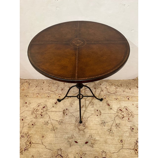 Tooled Leather and Iron Round Side Table | Chairish