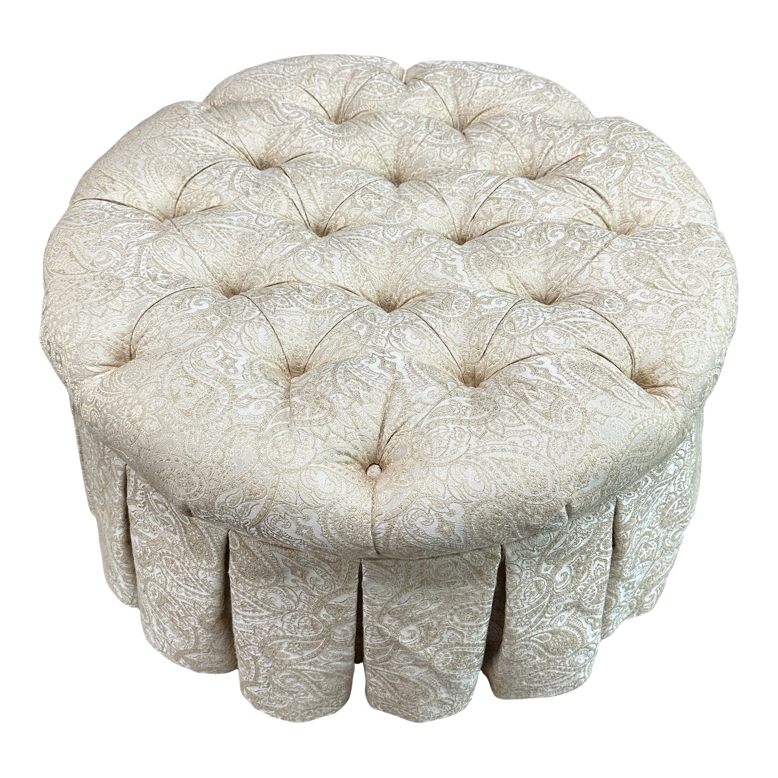 Round Tufted Box Pleat Ottoman With Casters | Chairish