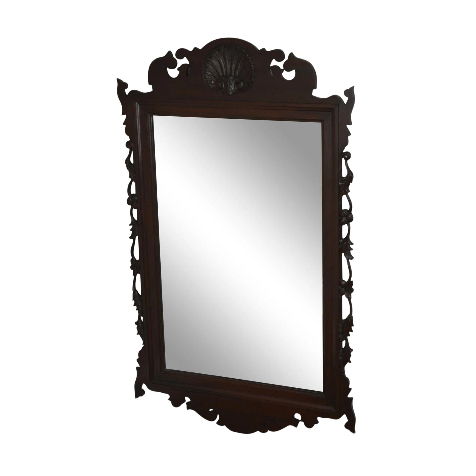 Chippendale Style Vintage Hand Carved Shell Top Mirror | Chairish