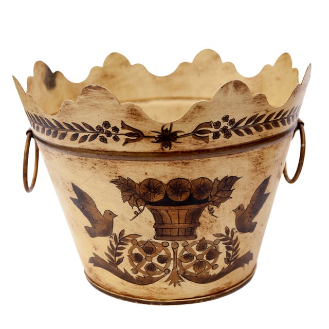 Large 1960s Painted Tin Pot with Birds | Chairish