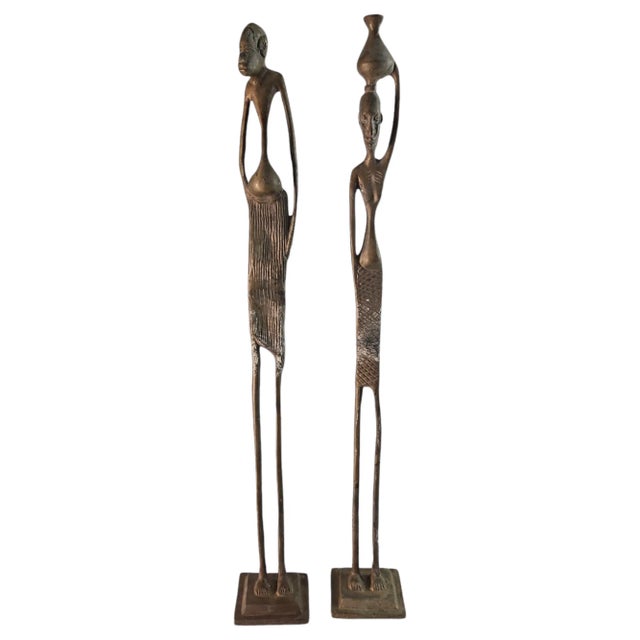 Elongated African Tribal Brass Bronze Statues Set of 6 | Chairish