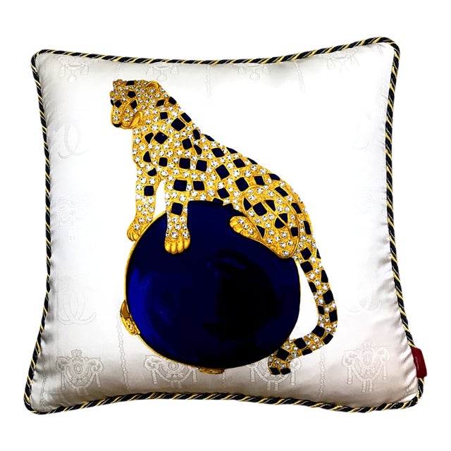 Cartier Panthere Sapphire Vintage Silk Scarf Pillow | Chairish