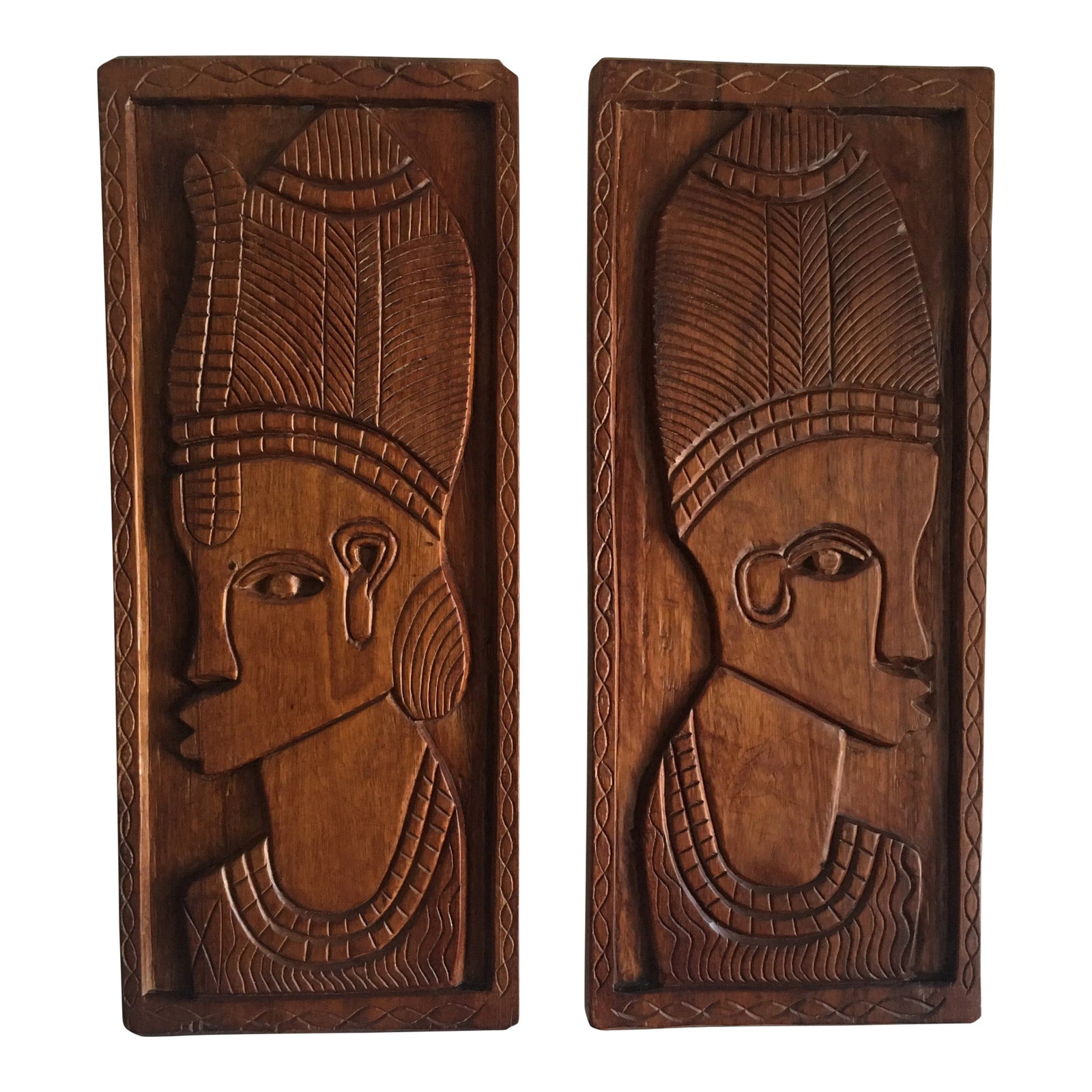 Vintage Tribal African Relief Wood Carvings - a Pair | Chairish