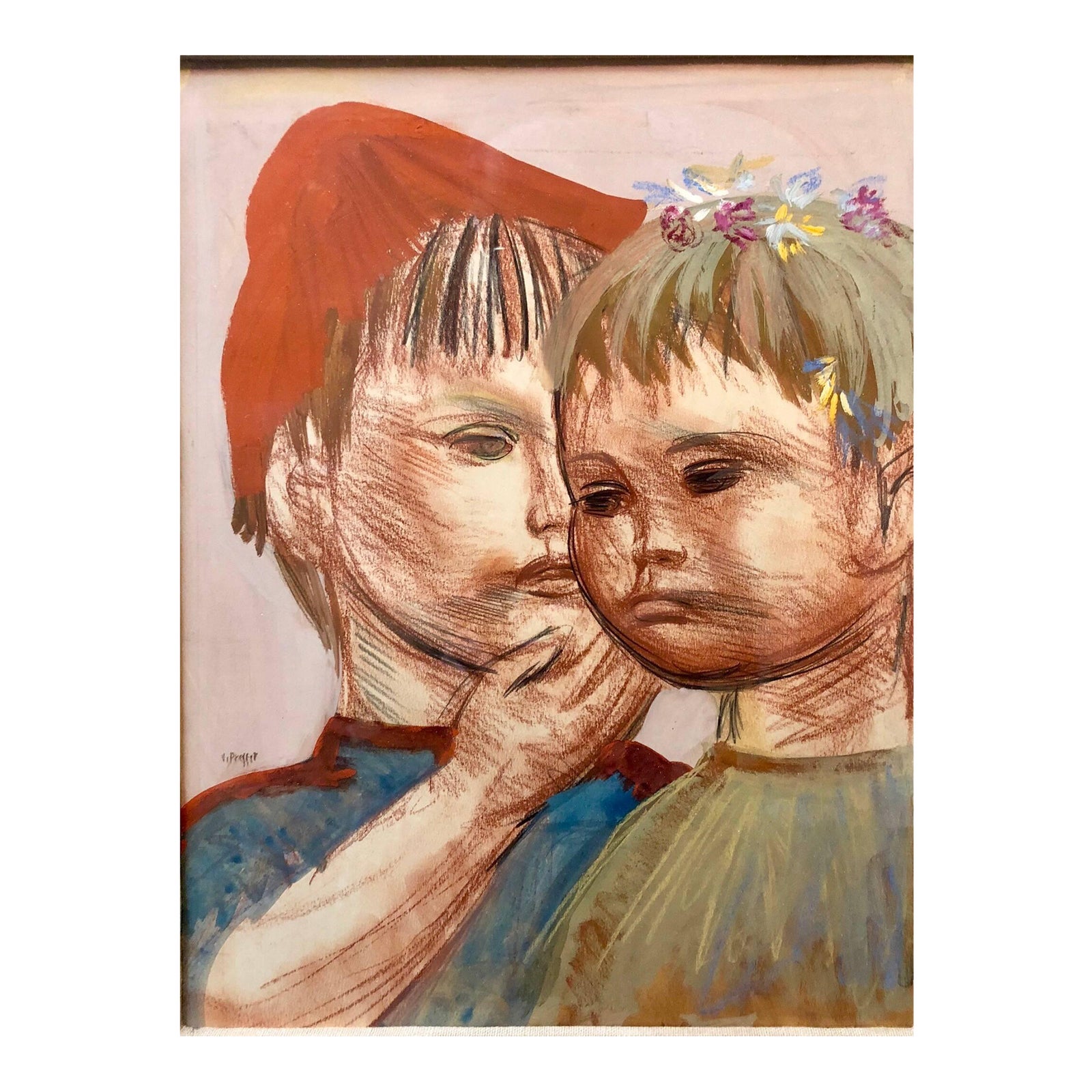 Josef PresserPolish Expressionist Profile Portrait Drawing TWO CHILDREN ...
