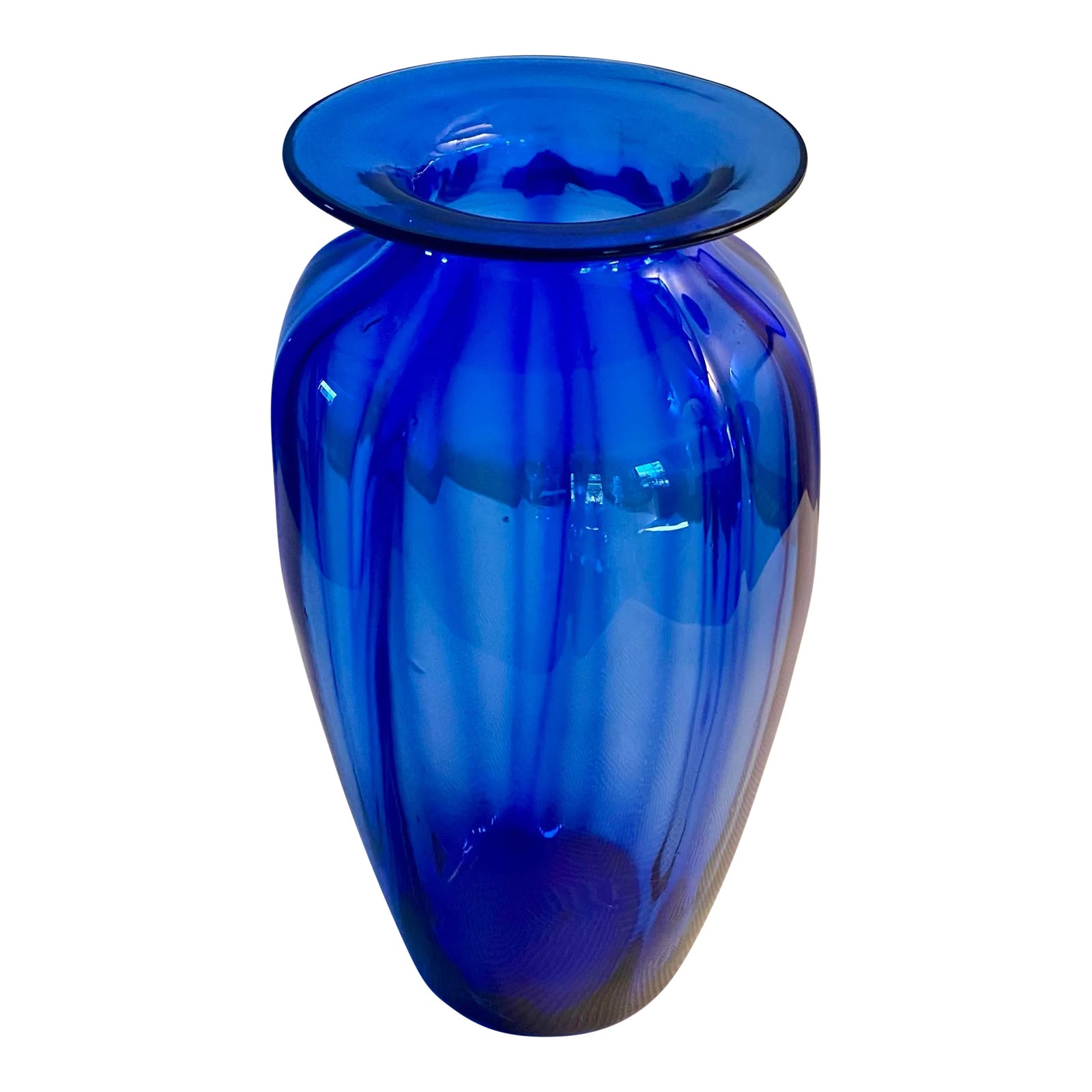 Late 20th Century Artisan Cobalt Blue Ripple Glass Vase, Signed | Chairish