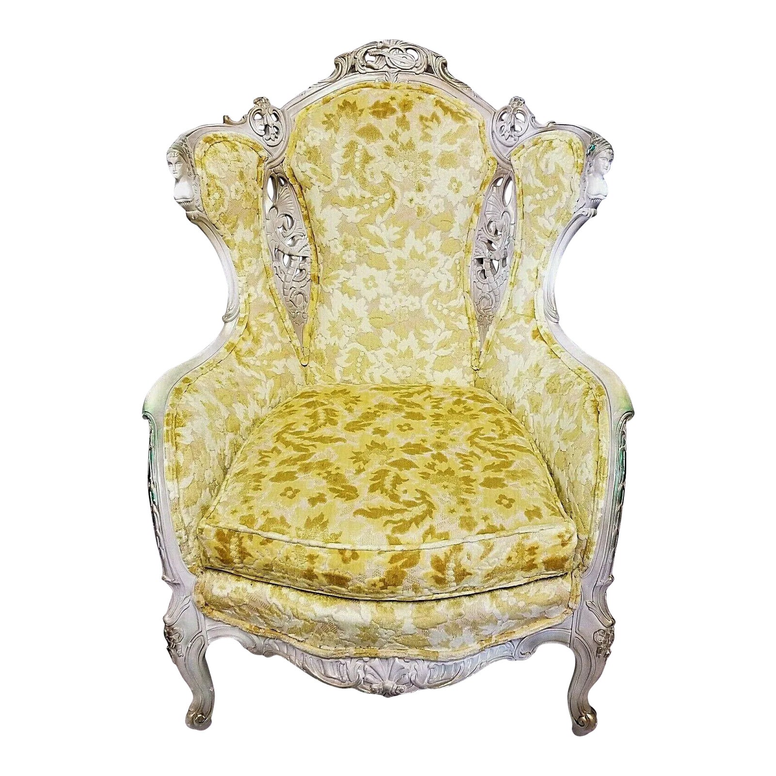 Antique French Louis XV Rococo Hand Carved Velvet Wingback Chair | Chairish