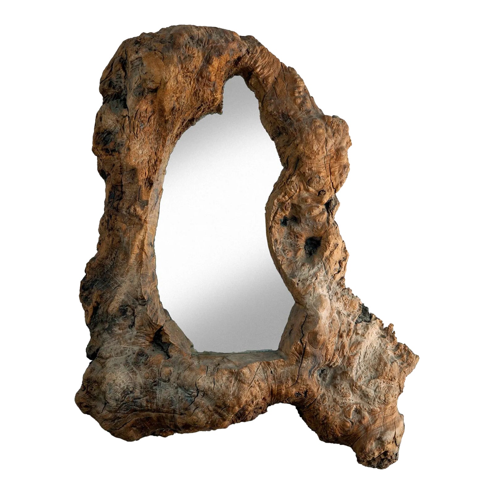 Burl Wood Sculptural Asymmetrical Mirror | Chairish