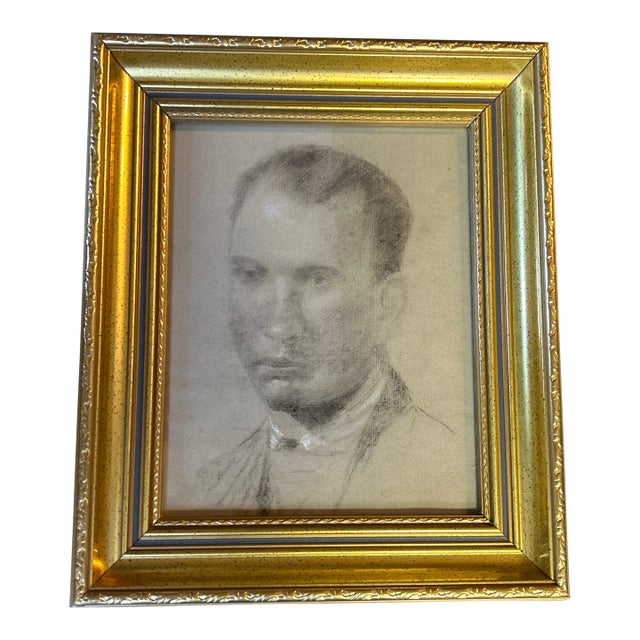 1940’s Original Art Deco Male Portrait Charcoal Drawing | Chairish