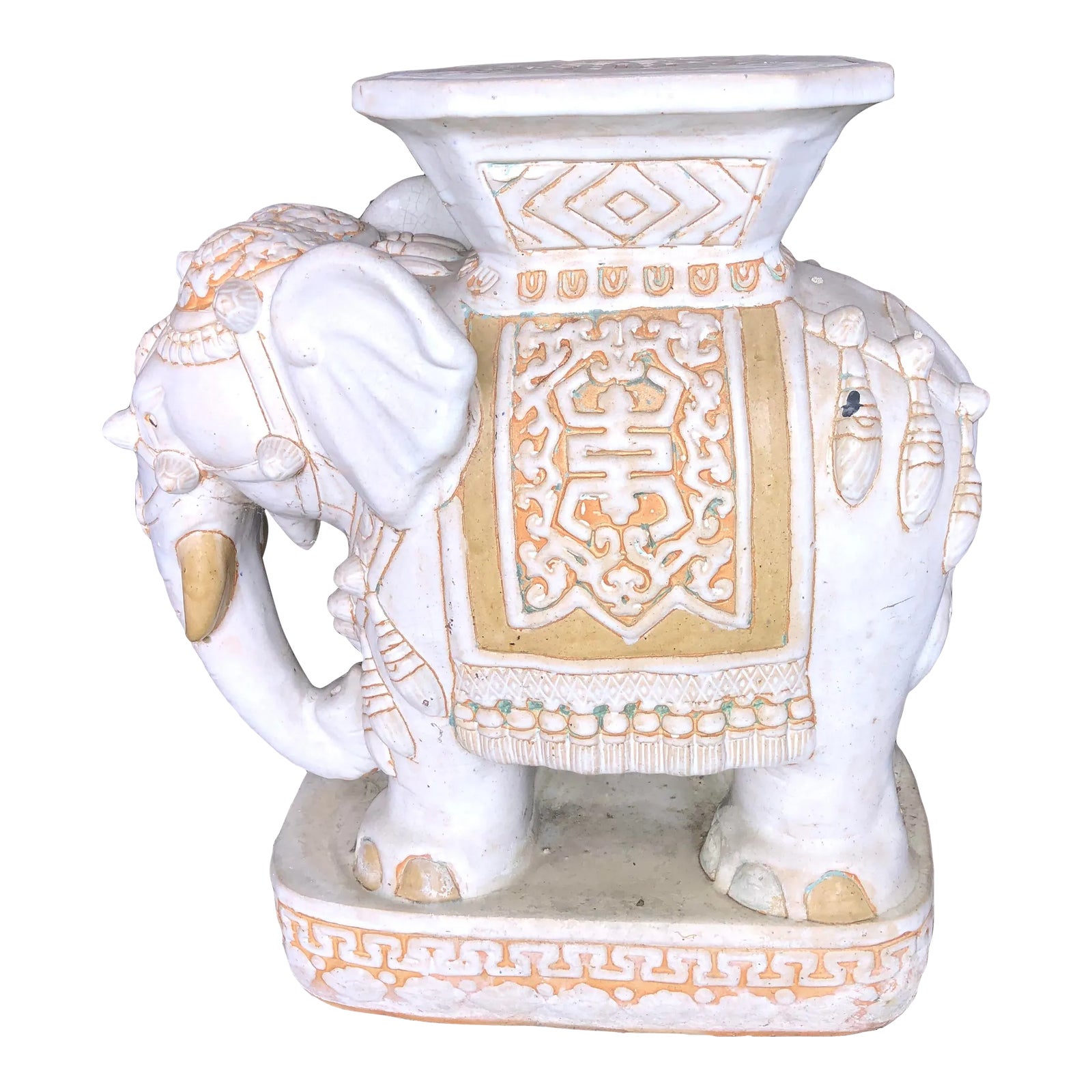 Vintage Heavy Large Glazed Terracotta Elephant Garden Stool | Chairish