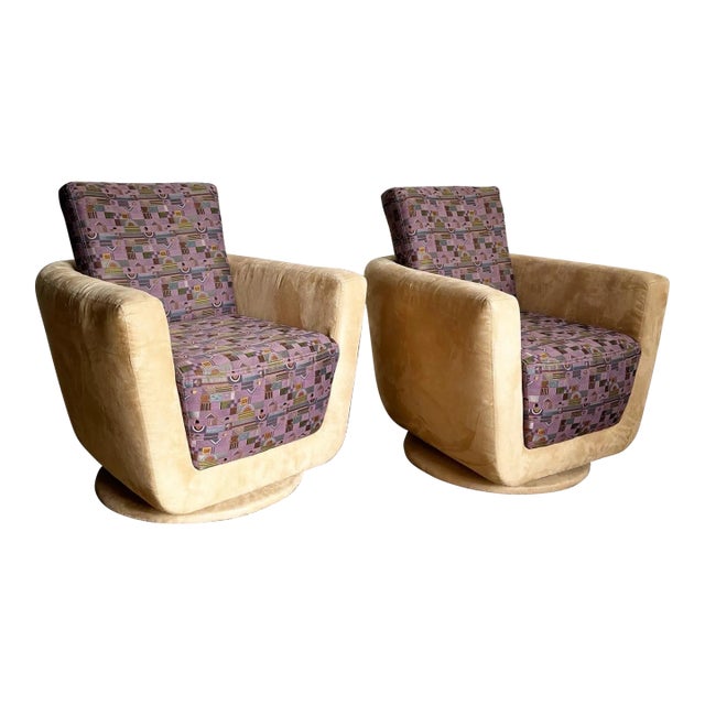 Postmodern Tan Micro Fiber and Purple Patterned Swivel Lounge Chairs ...