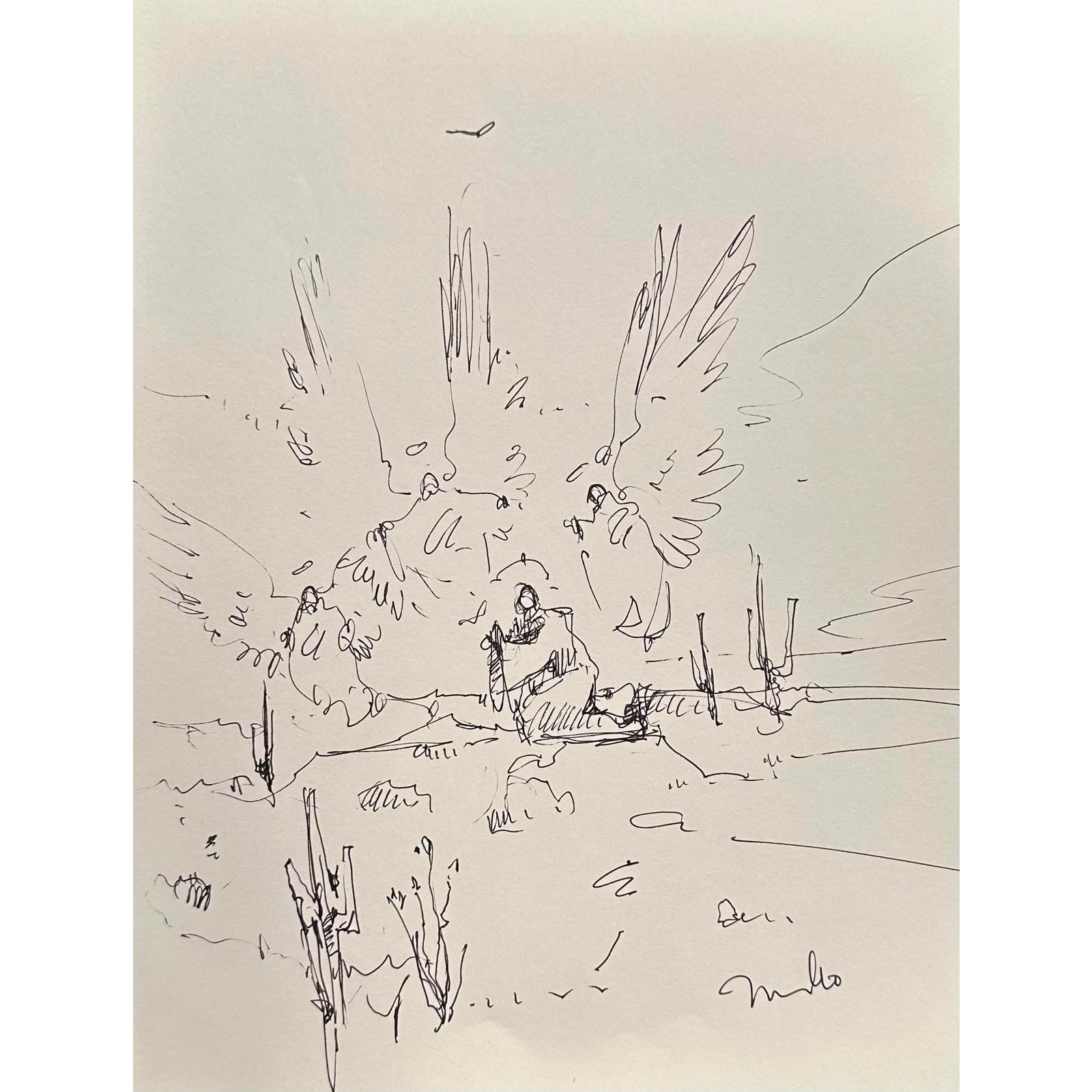 Jose Trujillo Expressionist Pen Ink Paper Drawing of Angels in Des ...