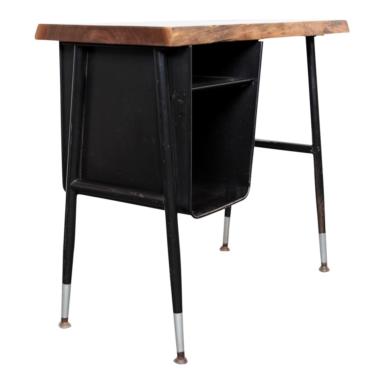 1980s Vintage Black Metal Small School Writing Desk W/ Walnut Top ...