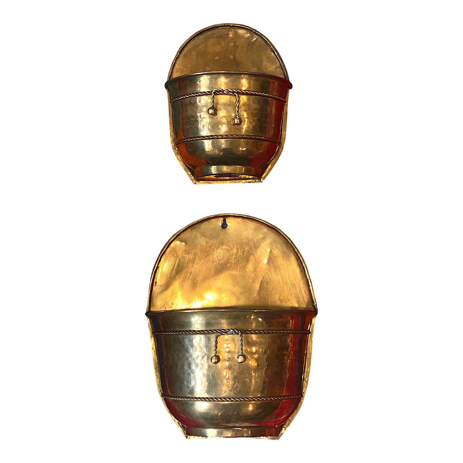 1970s Large Hammered Brass Wall Pockets With Rope and Ball Detail - a ...