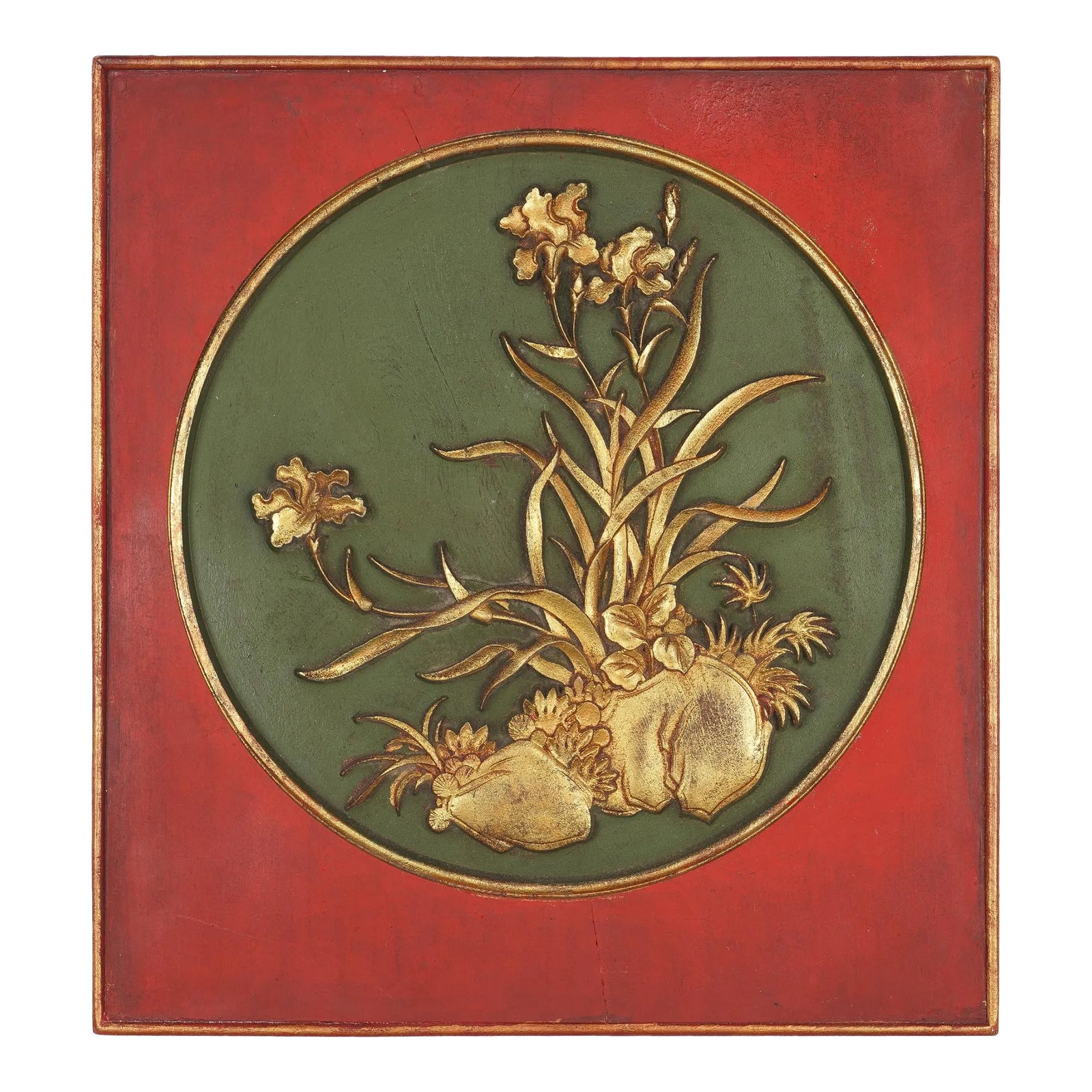 Chinese Wood Panel With a Shallow Carved and Gilt Cartouche on a Red ...