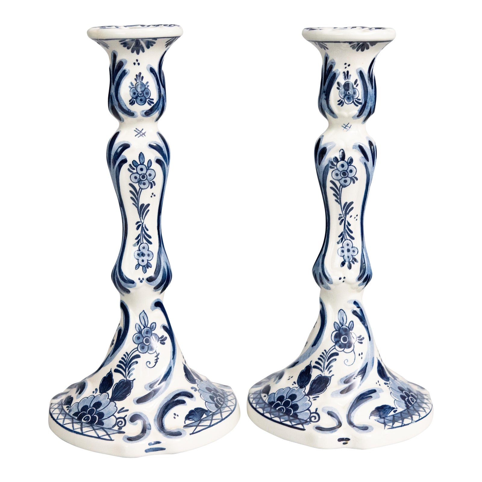 Vintage Tall Dutch Delft Faience Floral Candlesticks - a Pair | Chairish