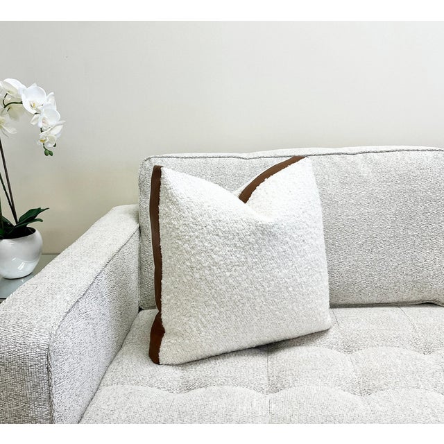 Off White Boucle & Brown Leather Box Throw Pillow With Feather Down ...