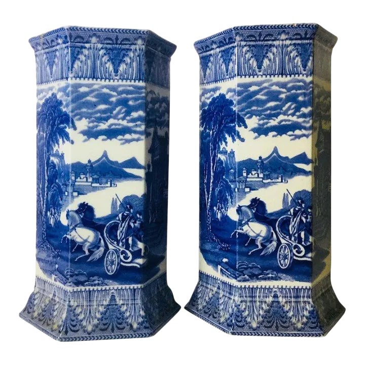 Antique Cauldon English Blue And White Transferware Vases - A Pair ...