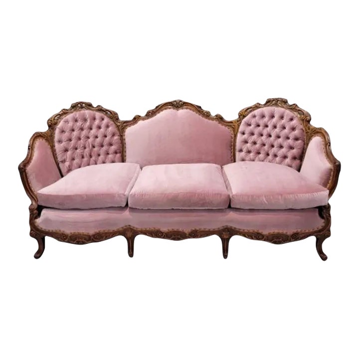 Early 20th Century Antique Victorian French Walnut Carved Tufted Back Bergere Parlor Sofa Newly Upholstered in Velvet With Patterned Mohair Back