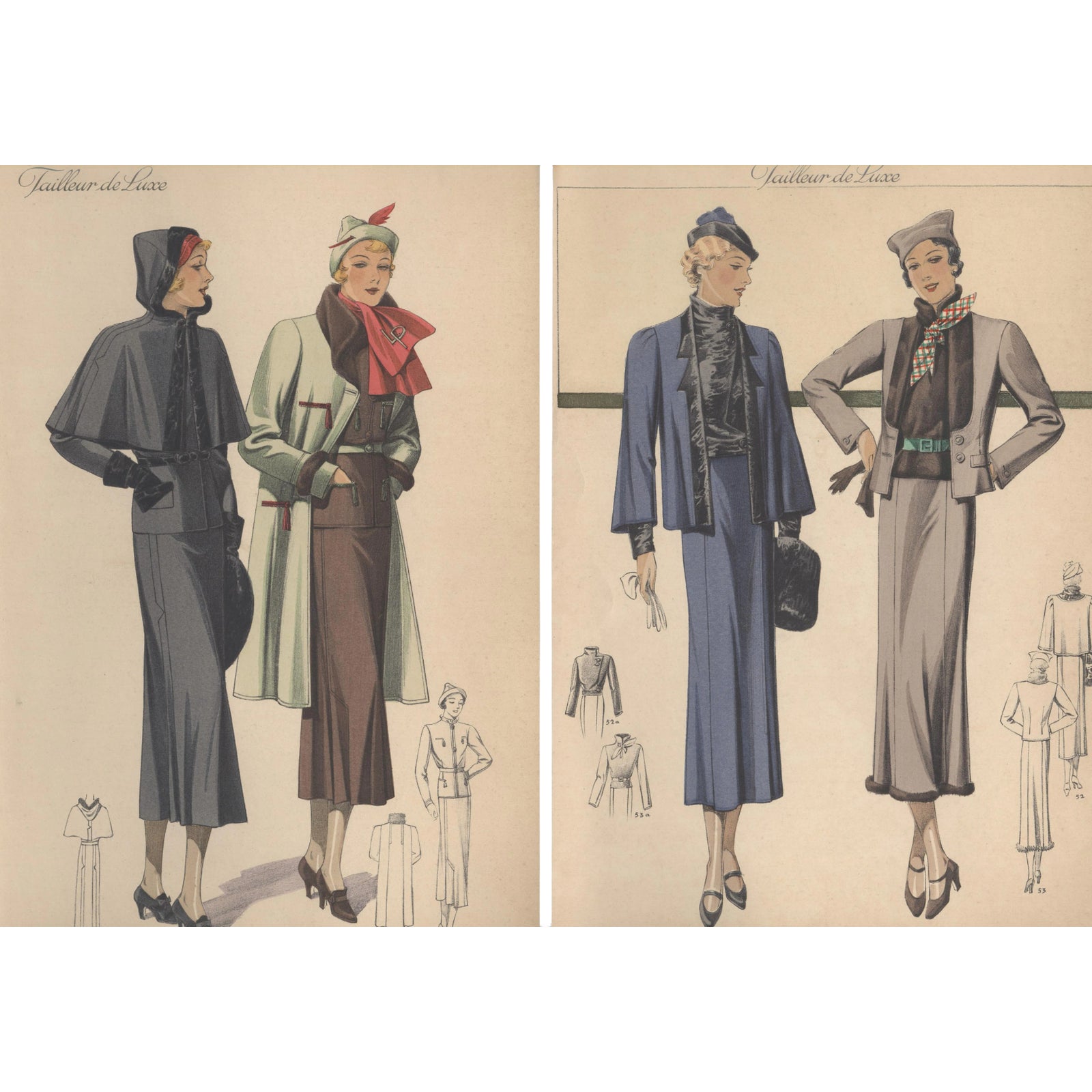 1935 Pair French Vintage Art Deco Fashion Designs | Chairish