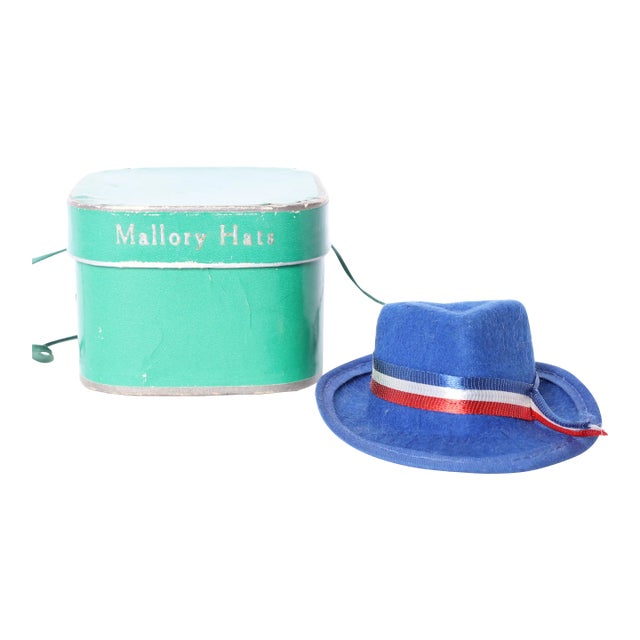 Vintage Mallory Hats Miniature Hat Box With Blue Felt Hat | Chairish