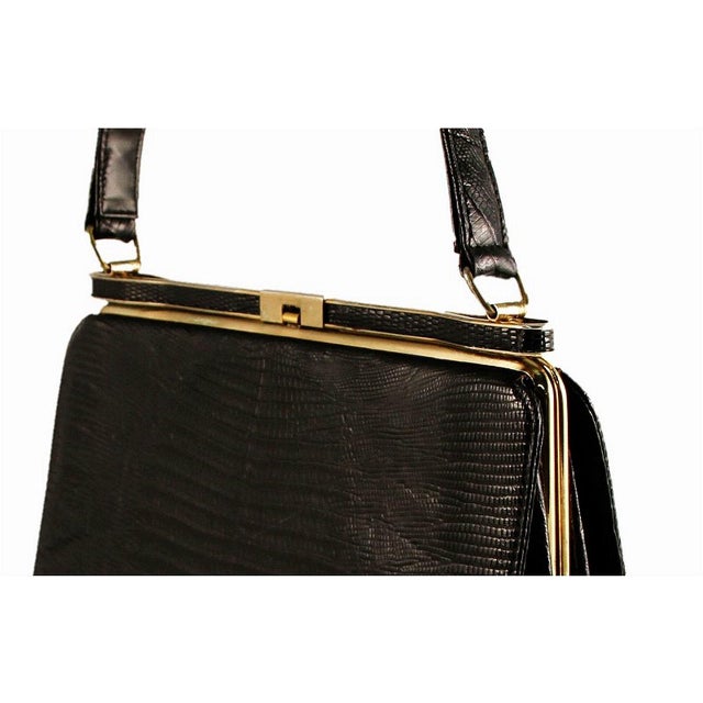Vintage Black Structured Genuine Lizard Kelly Purse | Chairish